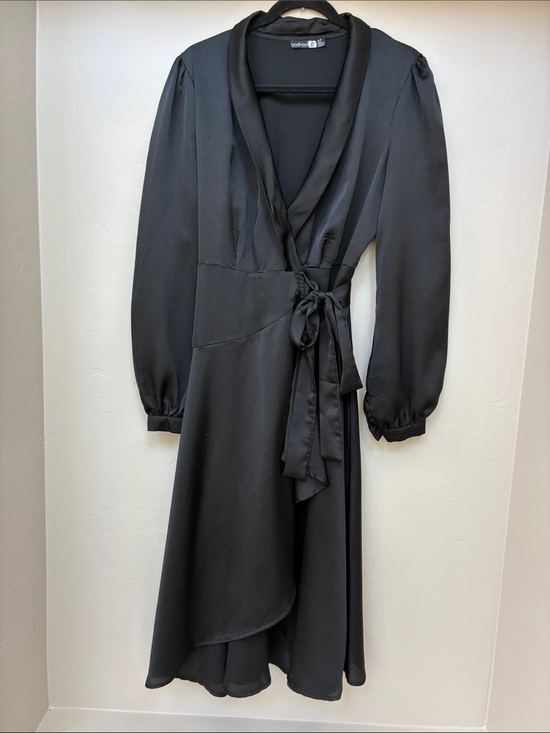 Boohoo | Dresses | Boohoo Black Satin Wrap Midi Dress | Poshmark